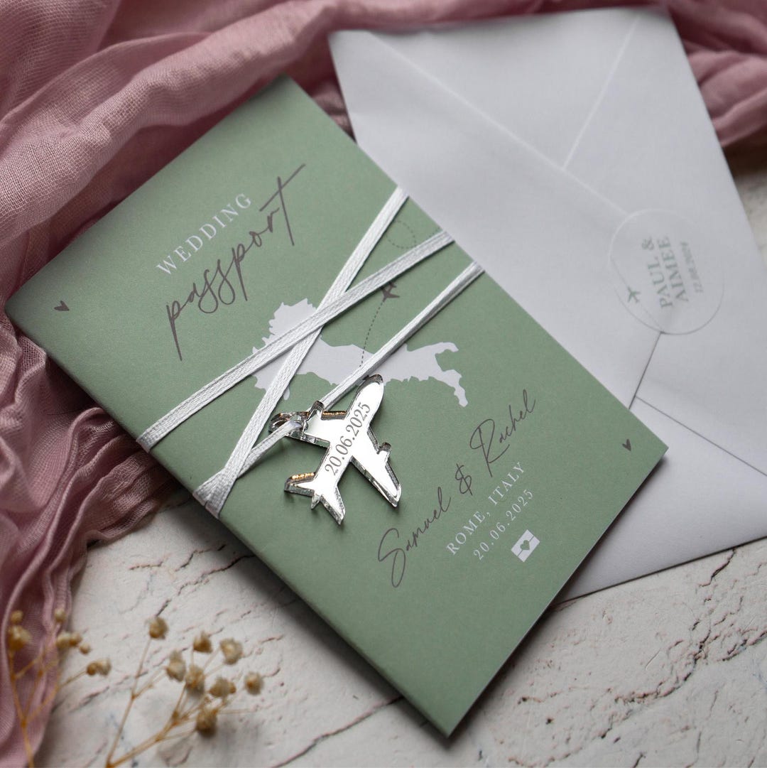 Passport Wedding Invitation, Sage Green Aeroplane Travel Invite With ...