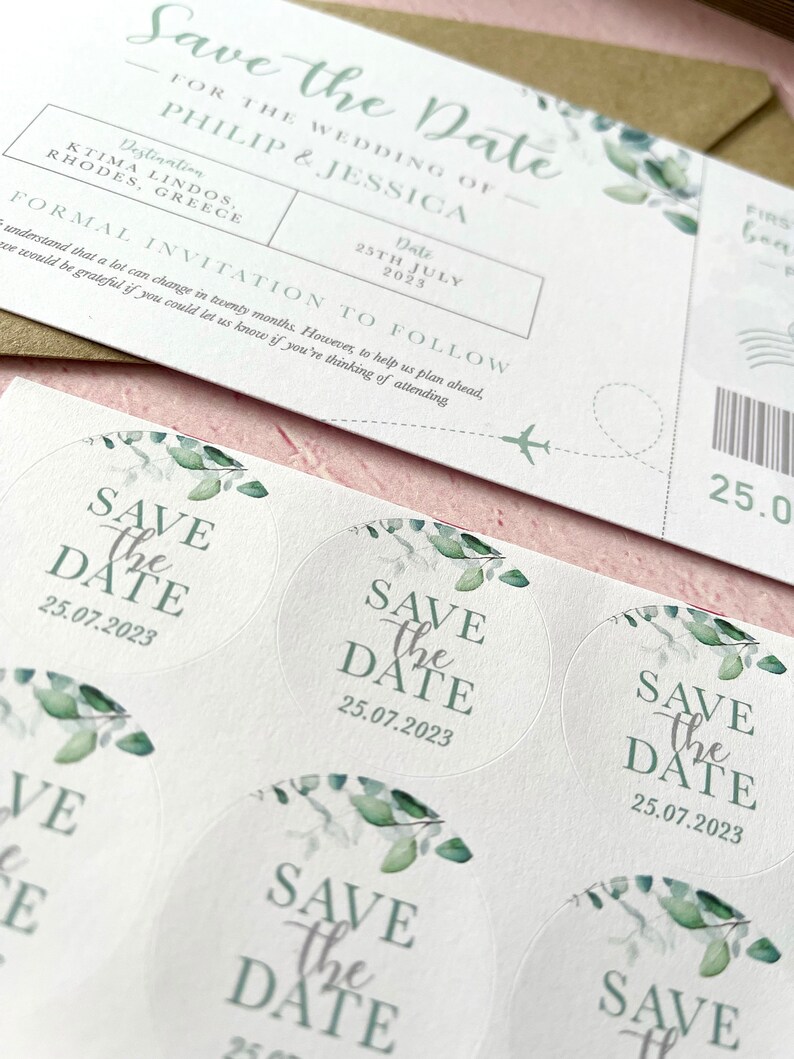 Eucalyptus Boarding Pass Save the Date, Destination Wedding Invitation ...