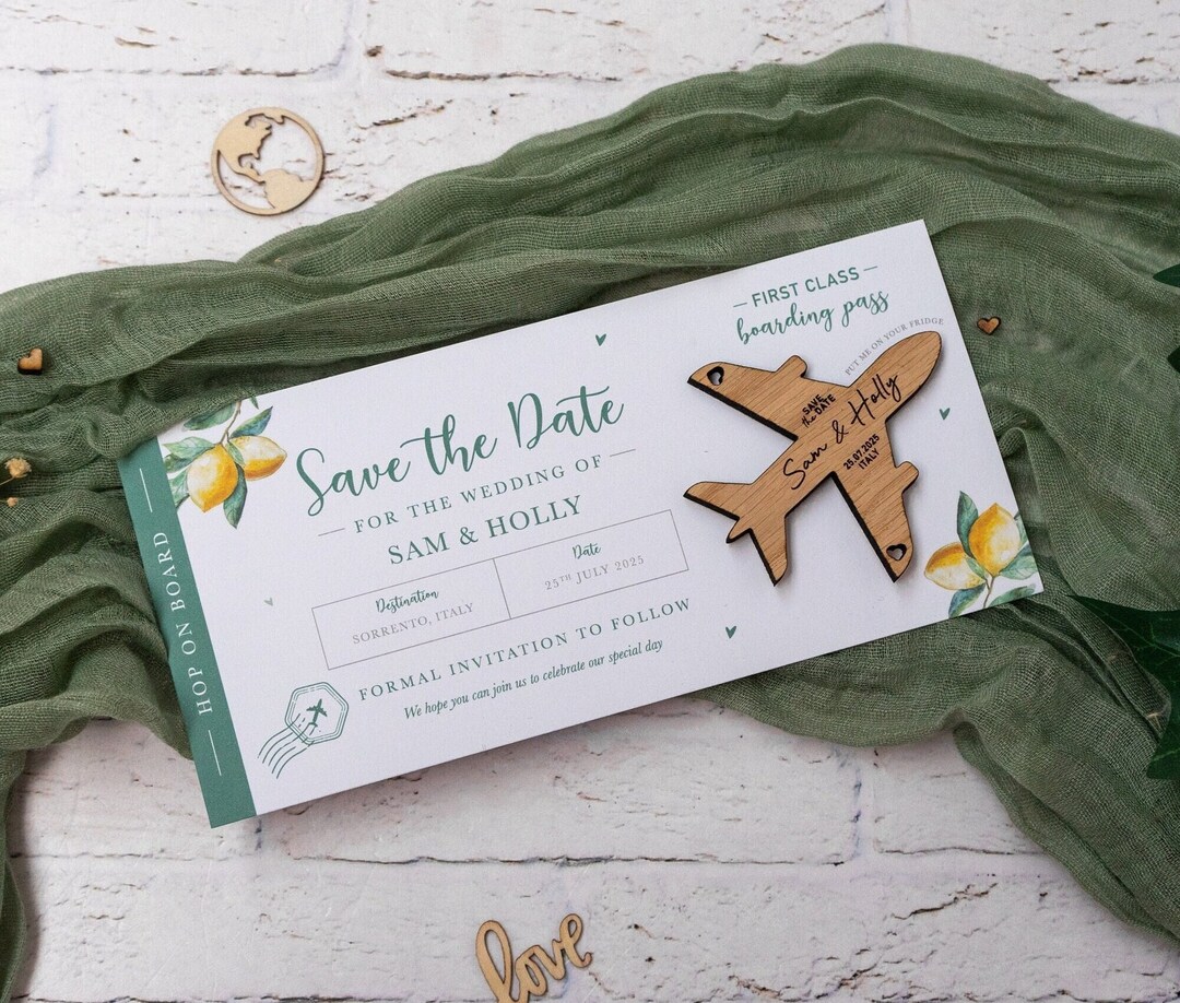 Lemon Olive Tree Magnet Boarding Pass Wedding SAVE the DATE, Wooden ...