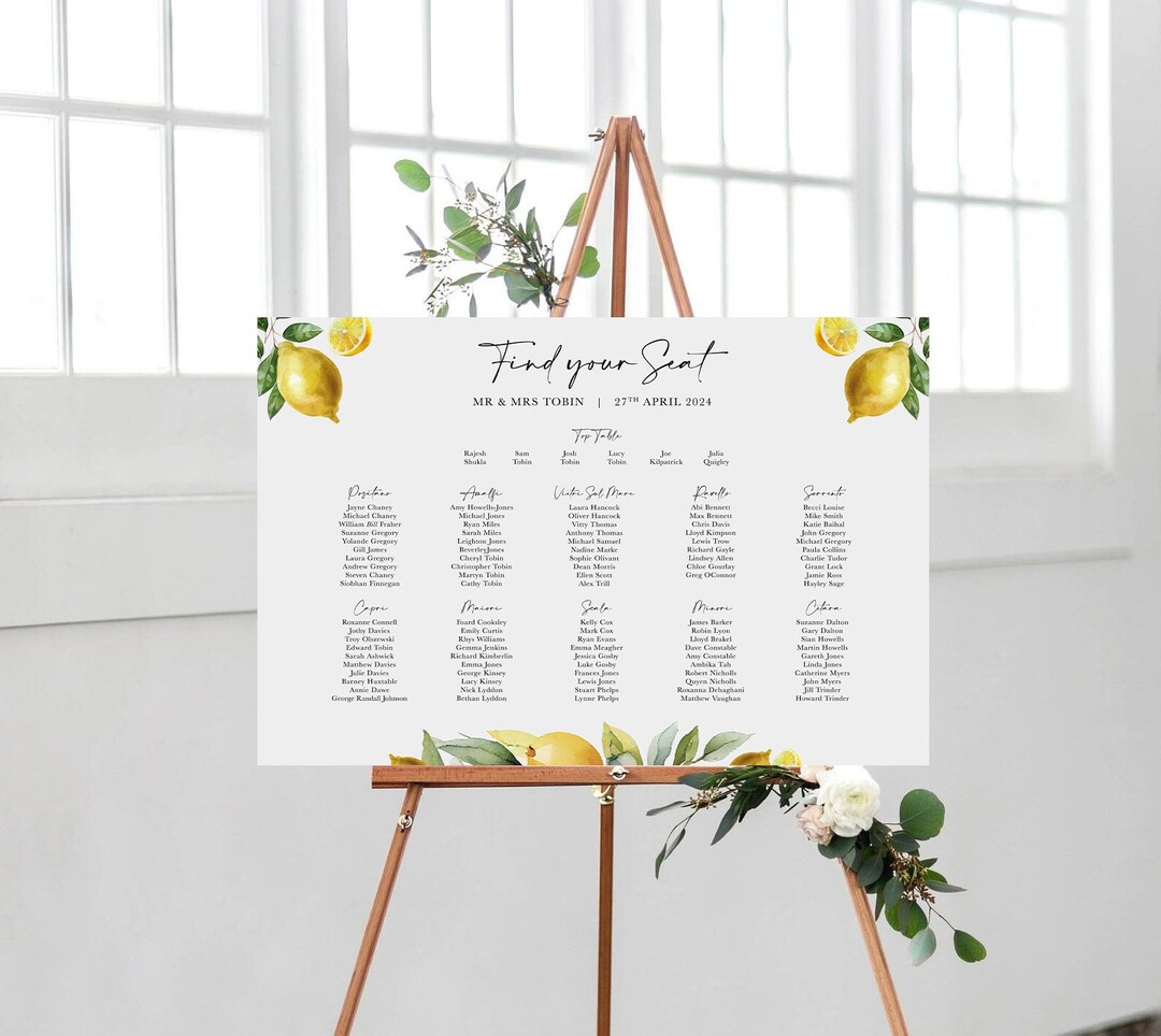 PRINTED Wedding Table Plan Sign, Landscape Lemon Design With Black ...