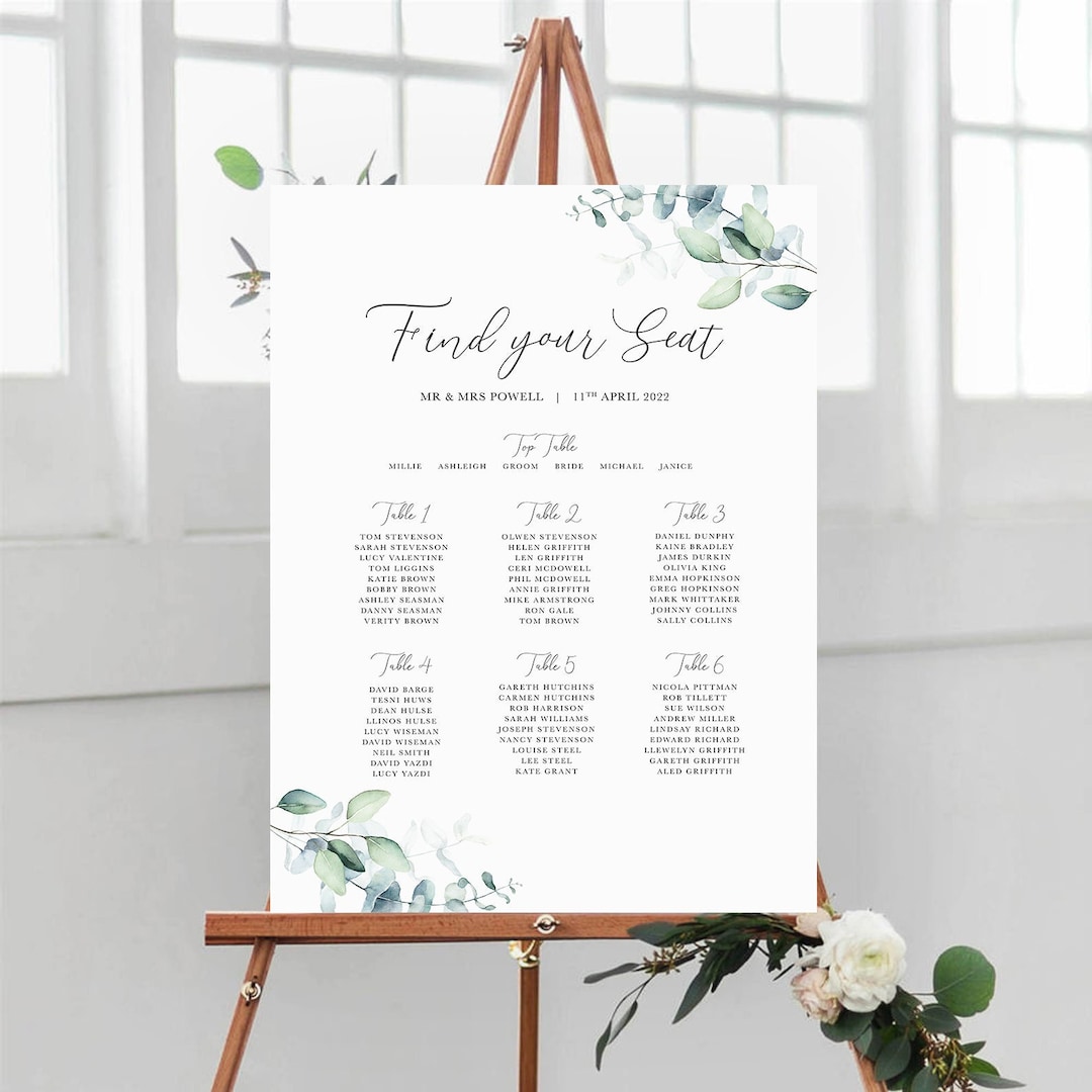 PRINTED A1 or A2 Wedding Table Plan Sign, Eucalyptus Green Leaves With ...