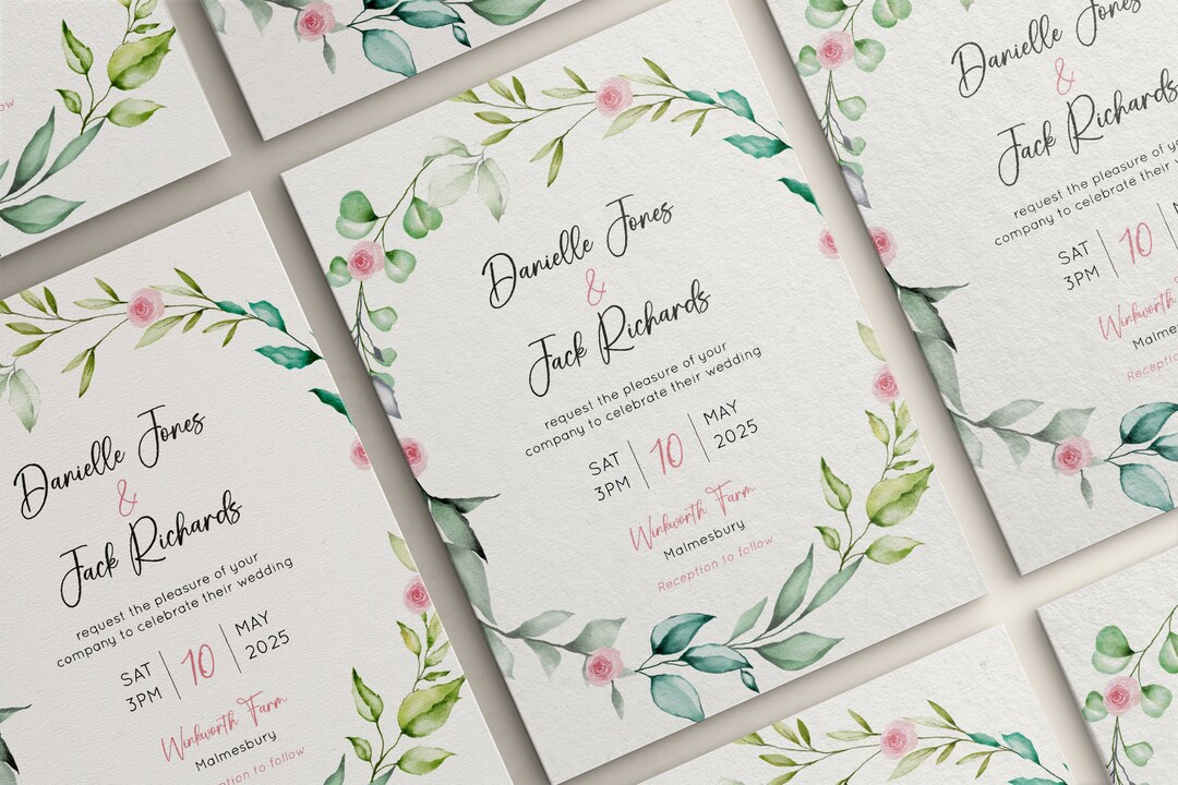 Digital or Printed Wedding Invitation Set, Green Leaves and Pink Roses ...