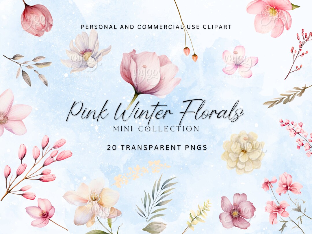 Pink Winter Florals Watercolor Clipart Collection | Pink Christmas ...