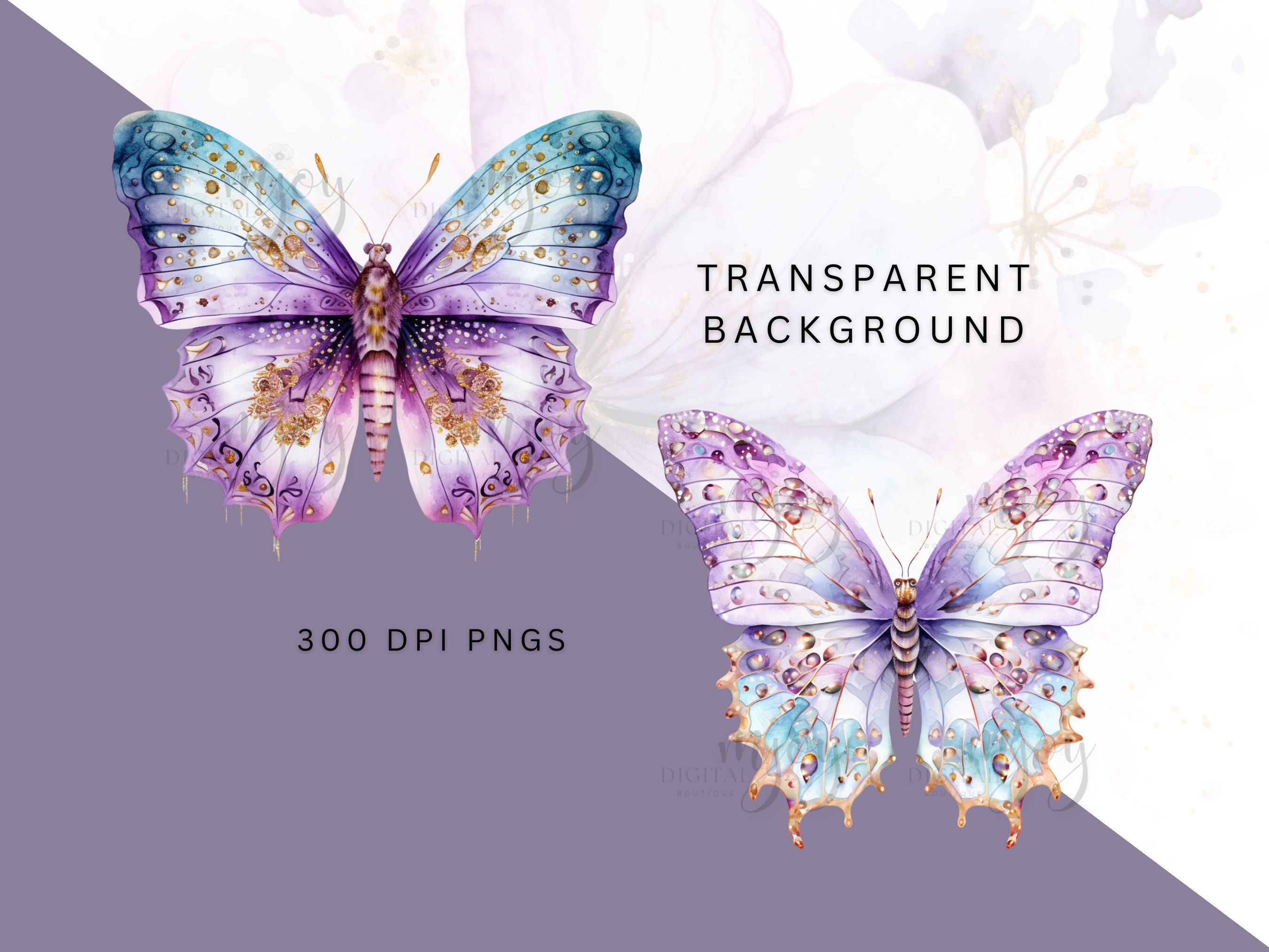 Purple Pastel Butterflies Transparent Png Clipart, Elegant Watercolor ...