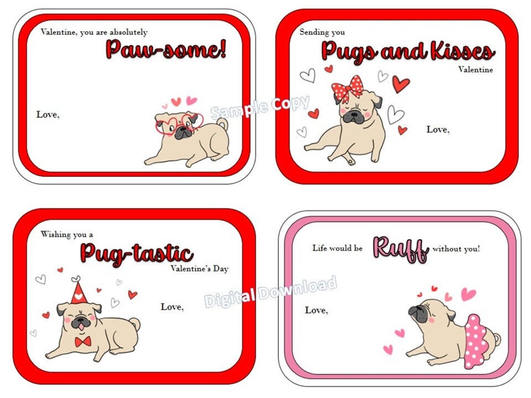 Cute Classroom Pug Dog Valentine's Day Cards, Valentine Card, Digital ...