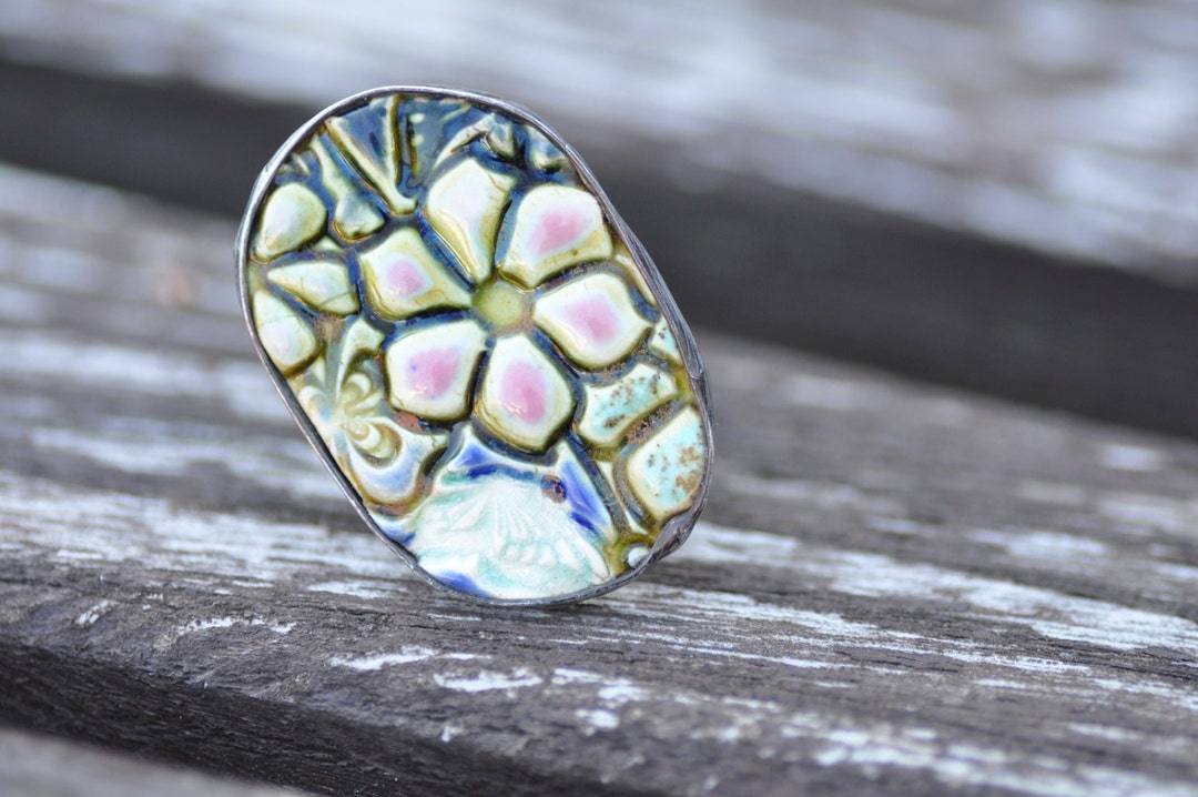 Big Ceramic Ring Flower Ring Boho Multicolored Glaze Adjustable Method ...