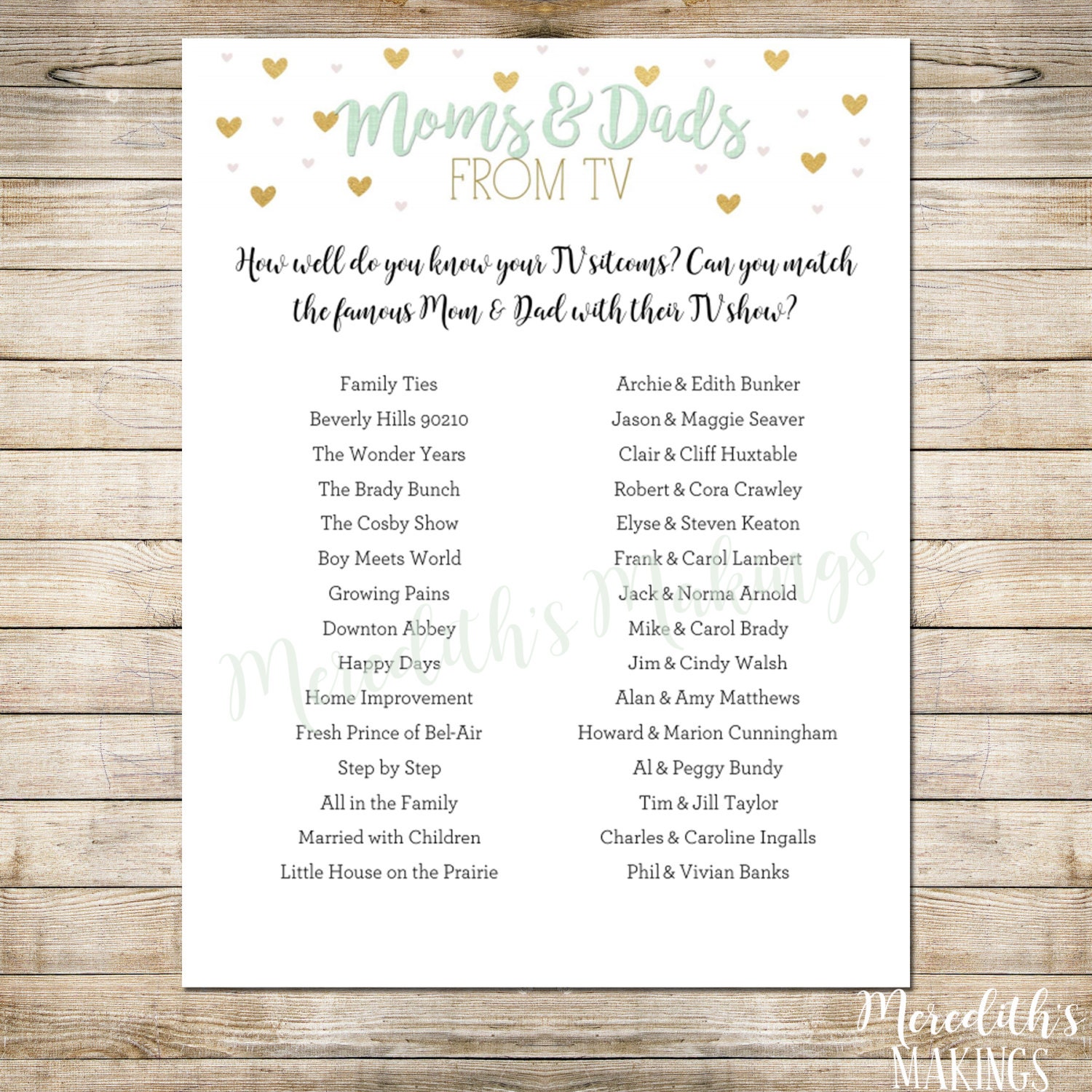 Gender Neutral Baby Shower Games - TV Sitcom Parents Matching Game - Etsy
