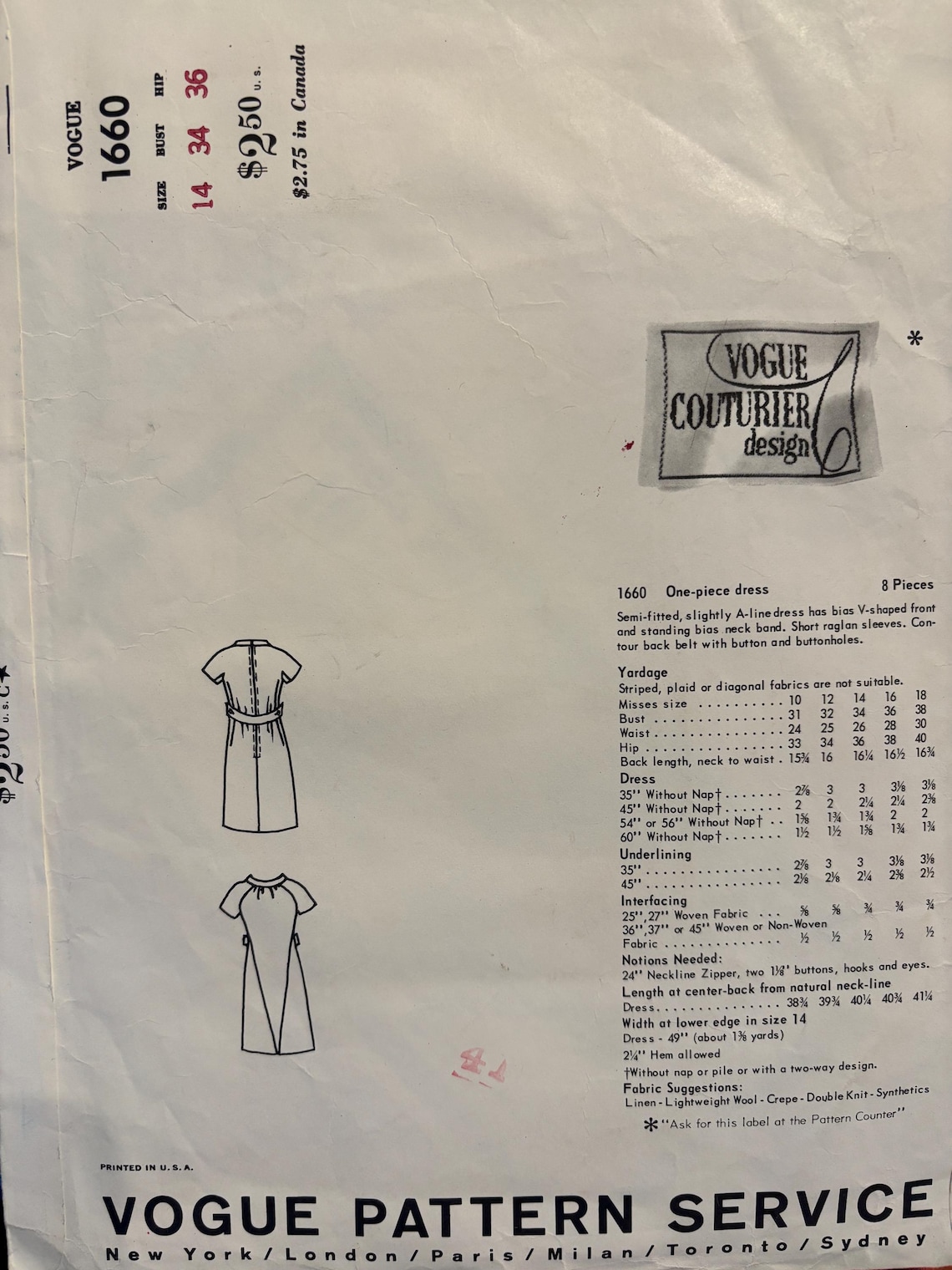 Vogue Couturier Design Vintage 1960's A-line Dress Pattern by Galitzine ...