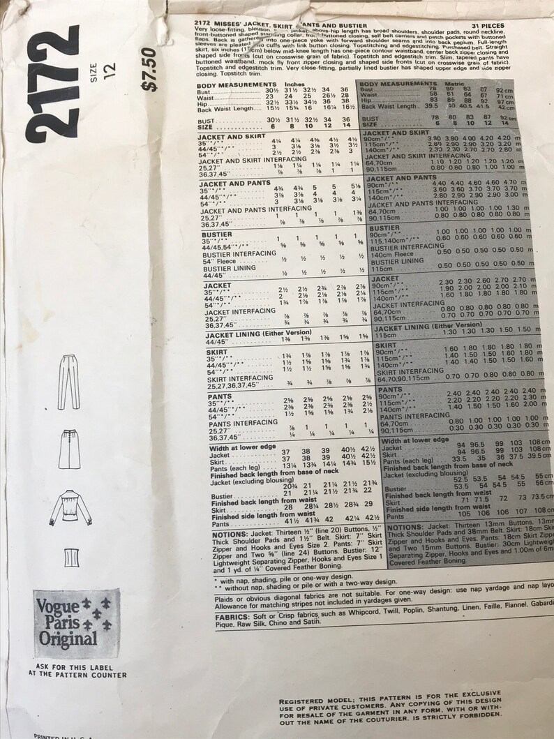 Vogue Paris Original Bustier Jacket Skirt and Pants Pattern - Etsy