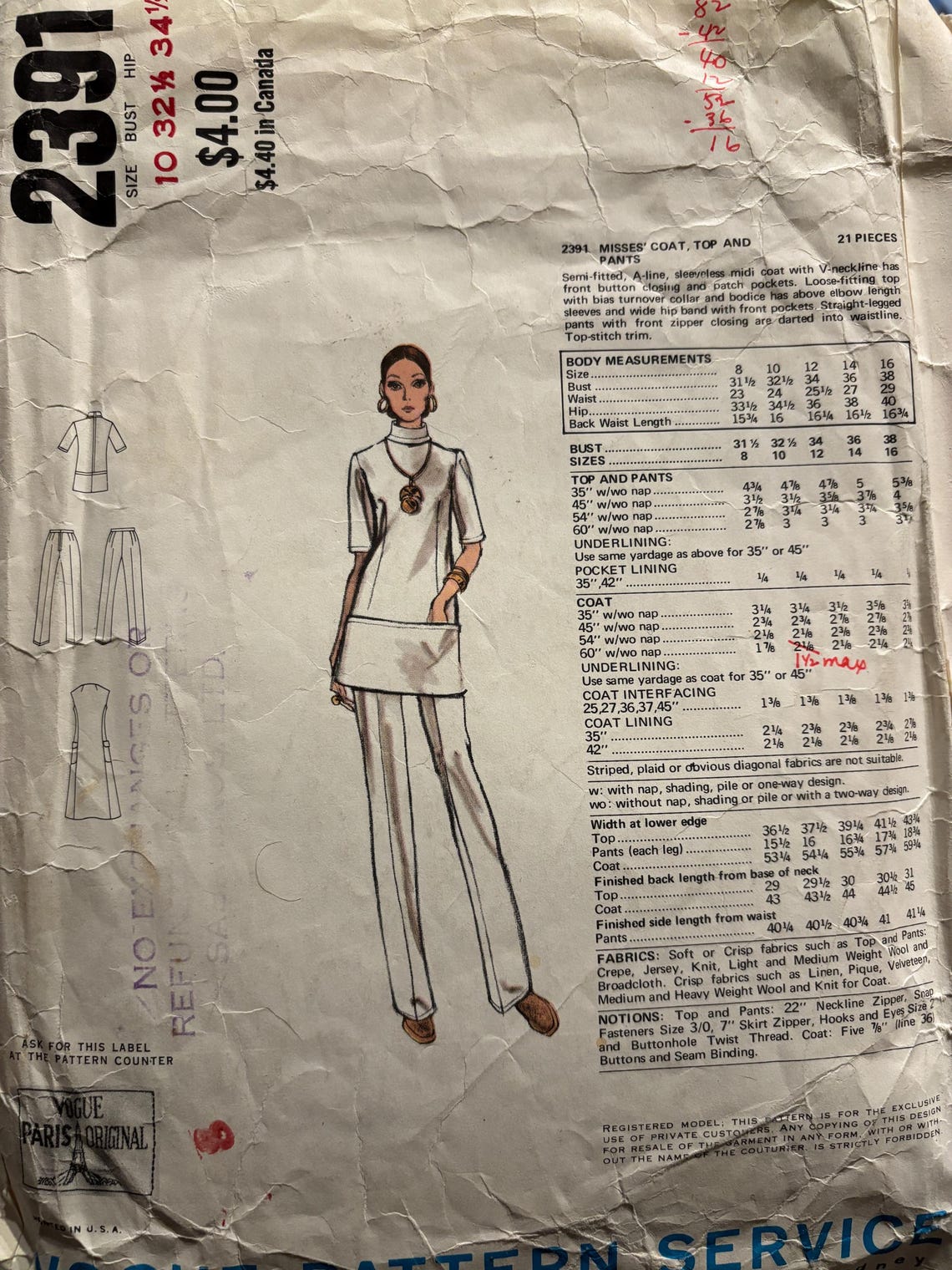 Vogue Paris Original Tunic, Pants and A-line Sleeveless Coat Pattern by ...