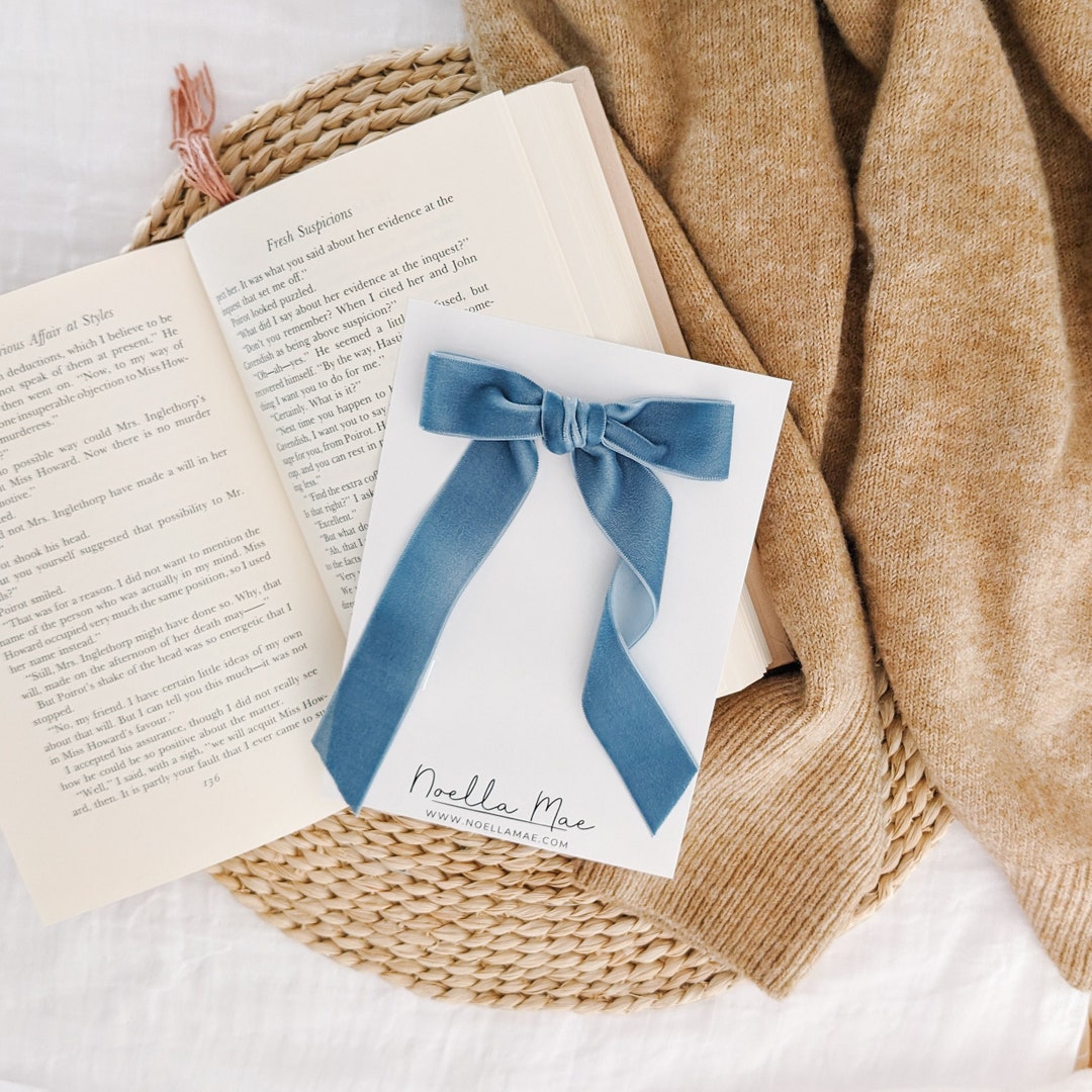 Vintage Blue Velvet Hair Bow, Flowy Summer Bows, Long Tailed Hair Bows ...