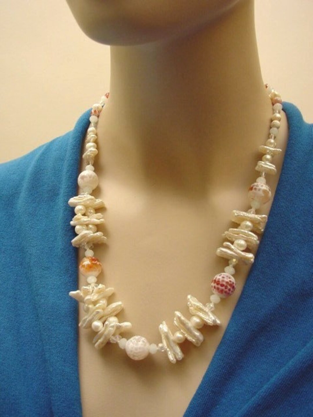 Freshwater Pearl and Fire Agate Beaded Necklace White Pearl Beaded ...