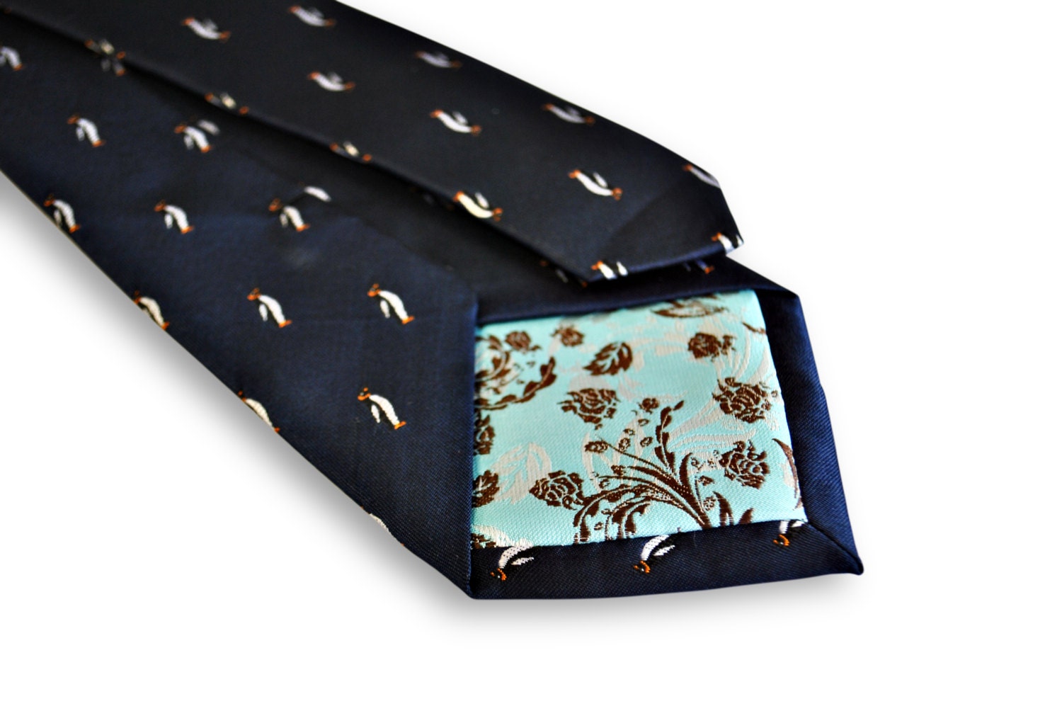 Navy Tie With Penguin Embroidered Design With Signature Floral | Etsy