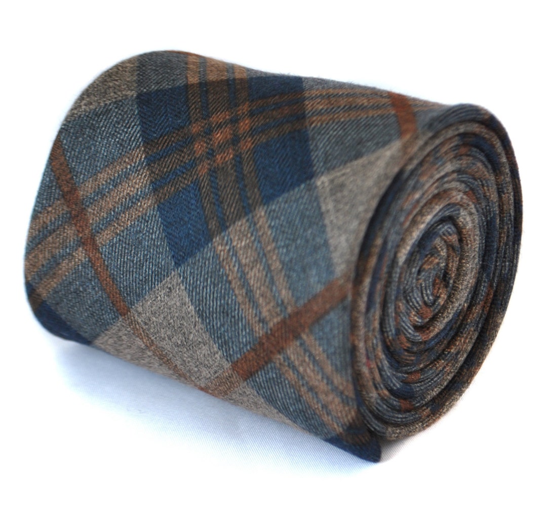 Slim Navy and Brown 100% Wool Tweed Check Tie by Frederick Thomas ...