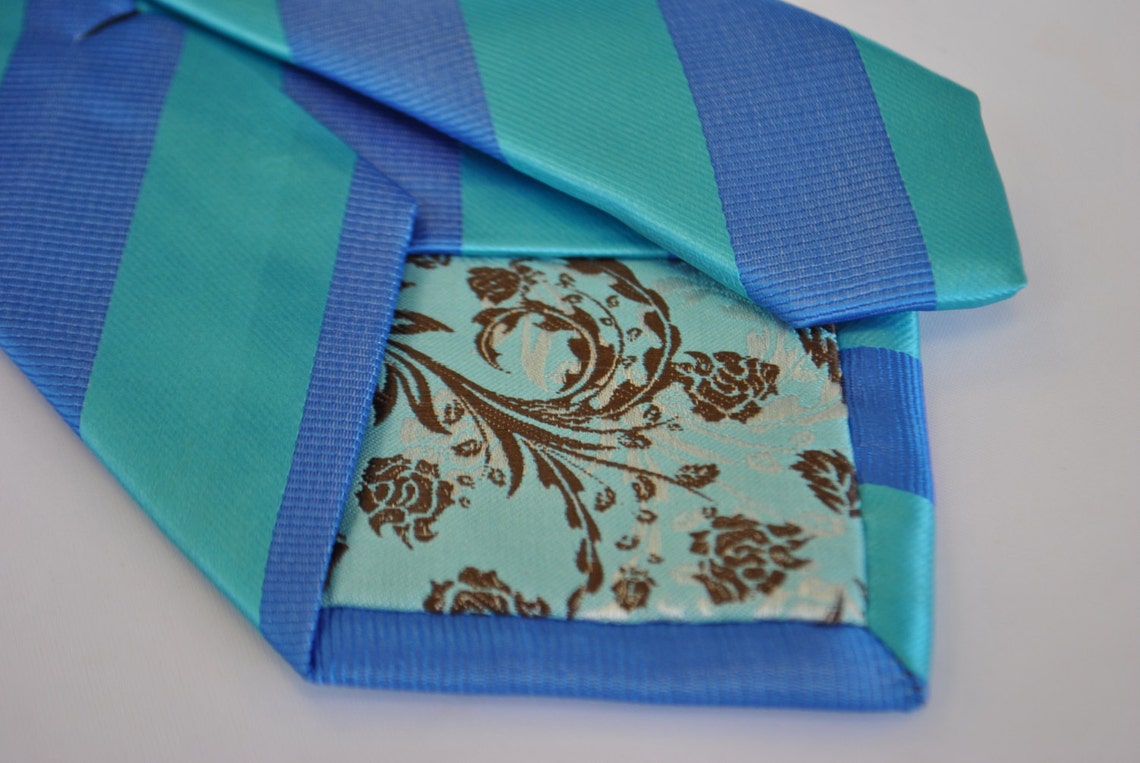 Bright Electric Blue and Turquoise Barber Striped Tie With Signature ...
