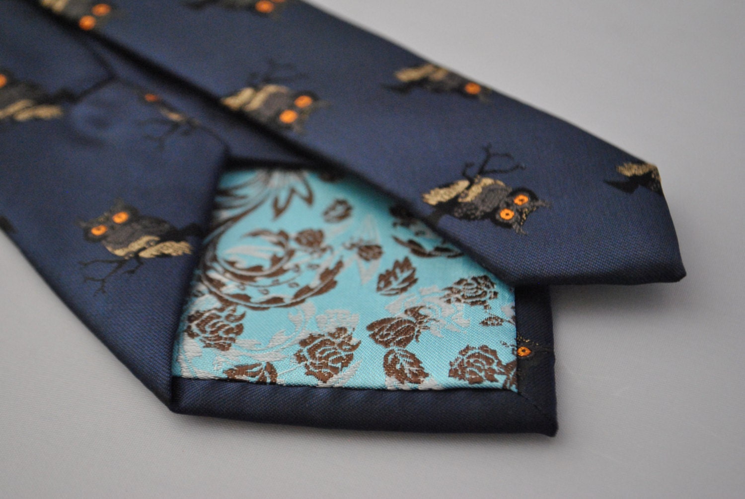 Navy Tie With Owl Design With Signature Floral Design to the Rear by ...