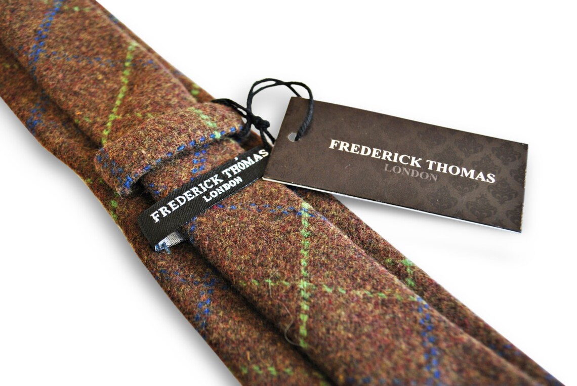 Frederick Thomas Mens Wool Tweed Tie in Dark Brown With Green & Blue ...