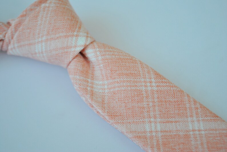 Skinny Peach Orange and White Checked Linen Tie by Frederick Thomas ...