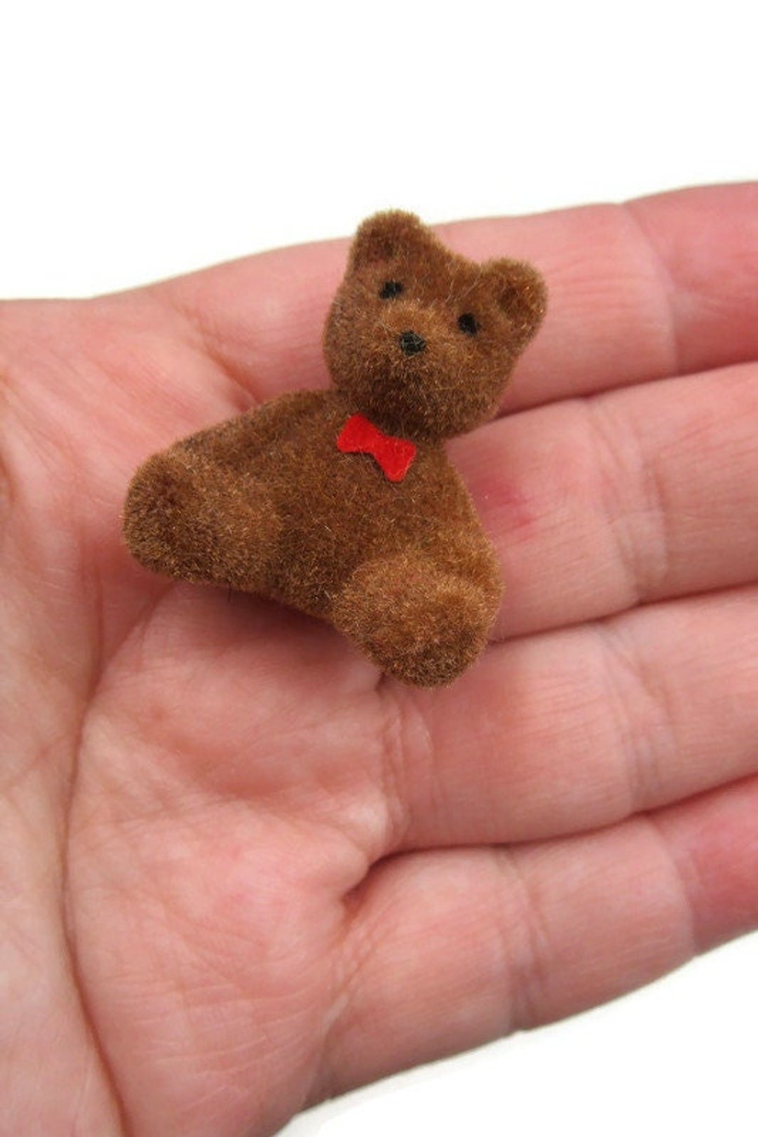 Miniature Bear, Mini Brown Flocked Teddy Bear With Red Bow Tie - Etsy