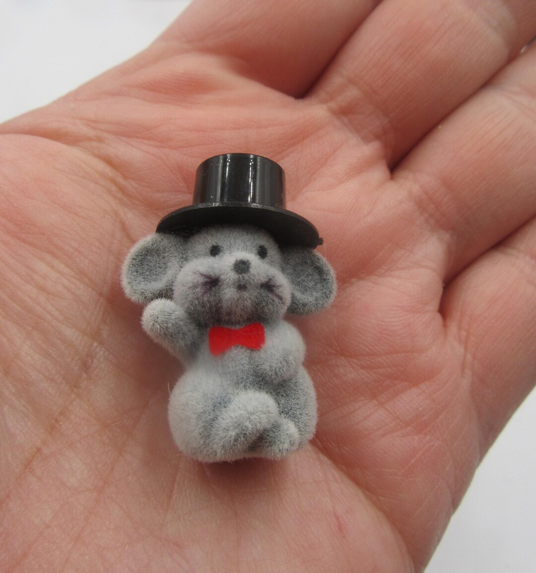 Miniature Mouse With Top Hat, Mini Grey Gray Flocked Mouse and Hat ...