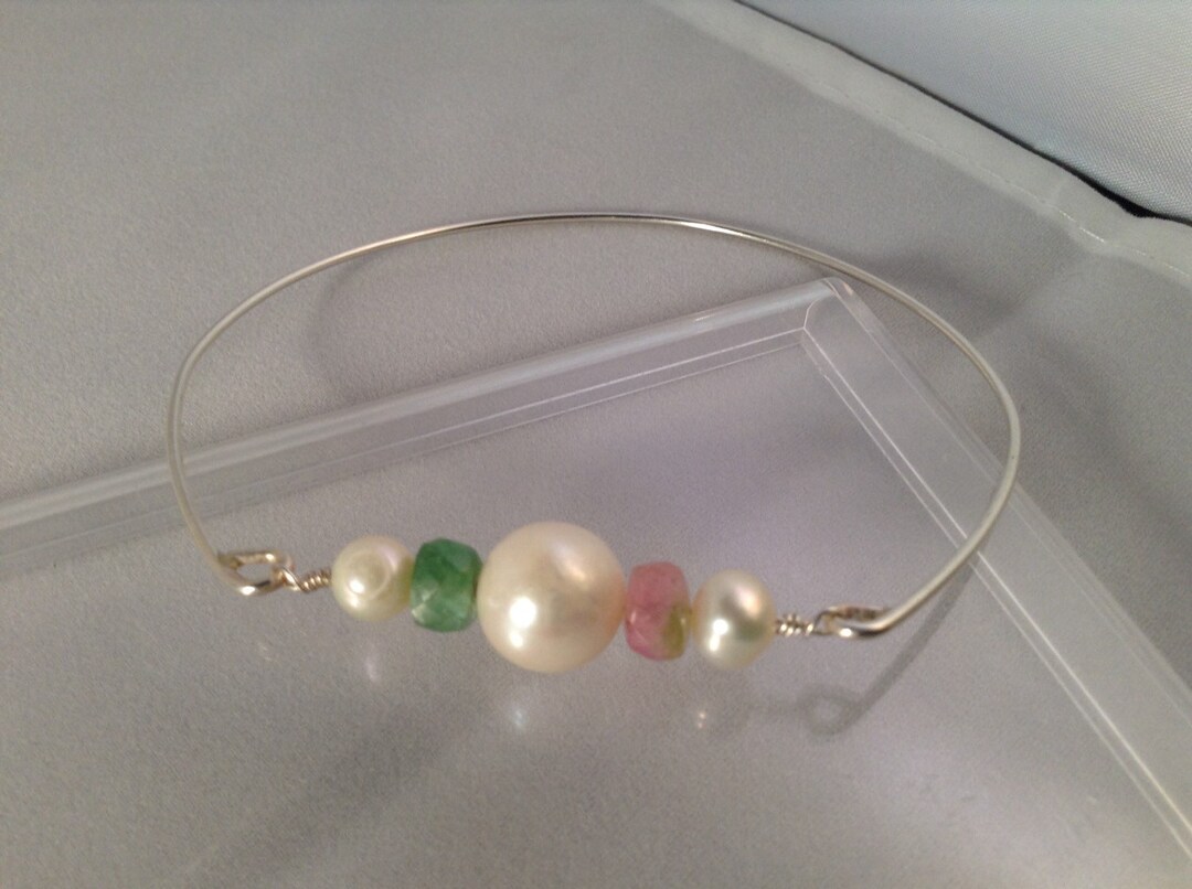 Watermelon Tourmaline and Freshwater Pearl Bangle Bracelet - Etsy