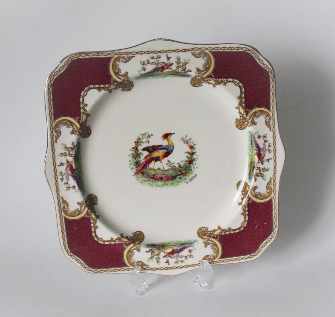 Square Plate, Myotts Royal Crown, Chelsea Bird Burgundy, Signed A ...