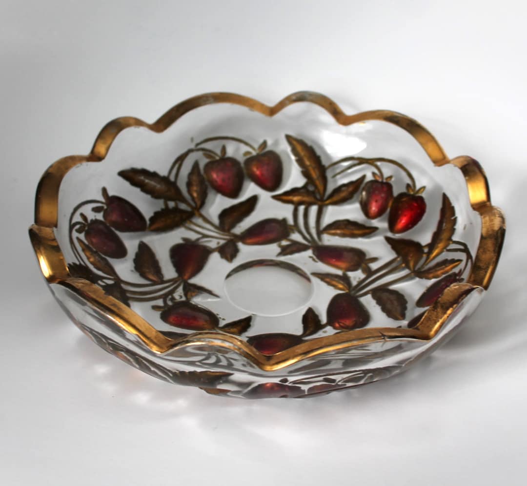 Antique Goofus Glass Bowl Heavy Large Reverse Painted Strawberry ...