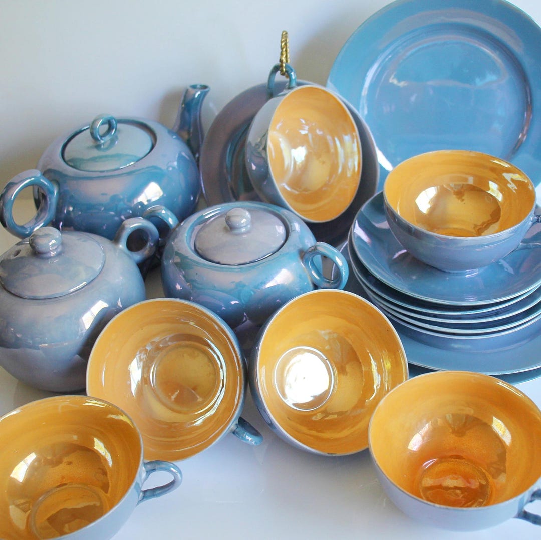 1920's Tea Set, Blue Orange Lusterware, Takito Japan, Teacup Saucer ...