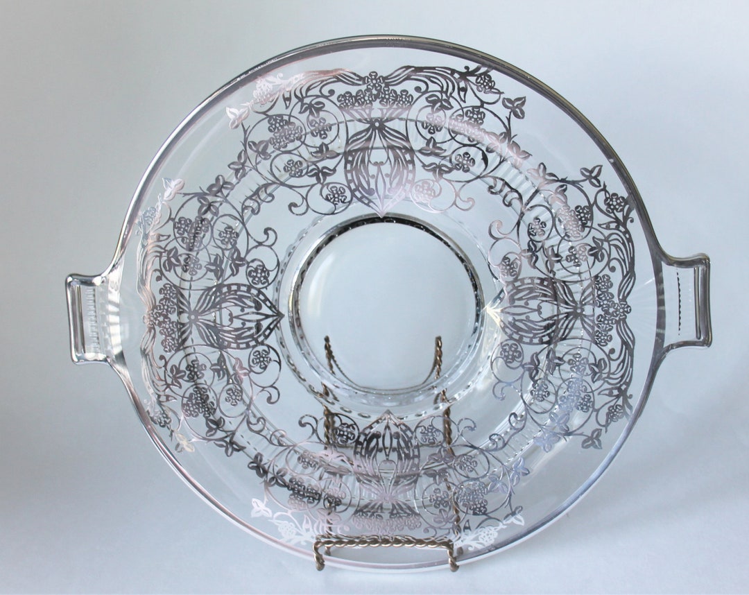 Large Glass Cake Plate, Silver Overlay, Round Platter, Vintage 1950's ...
