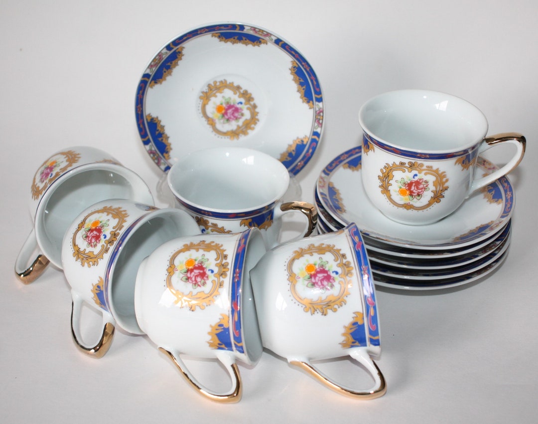 Mocha Demitasse Set Adeline Fine Porcelain Six Cups Saucers Blue Gold ...