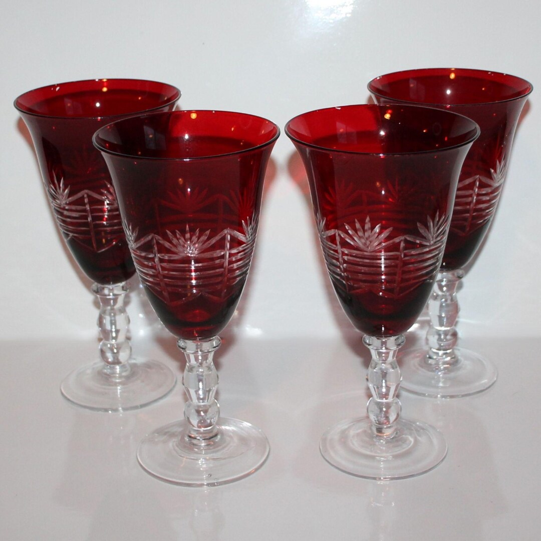 Ruby Red Flash Cut Large Wine Glasses Set of Four Bombay Company - Etsy