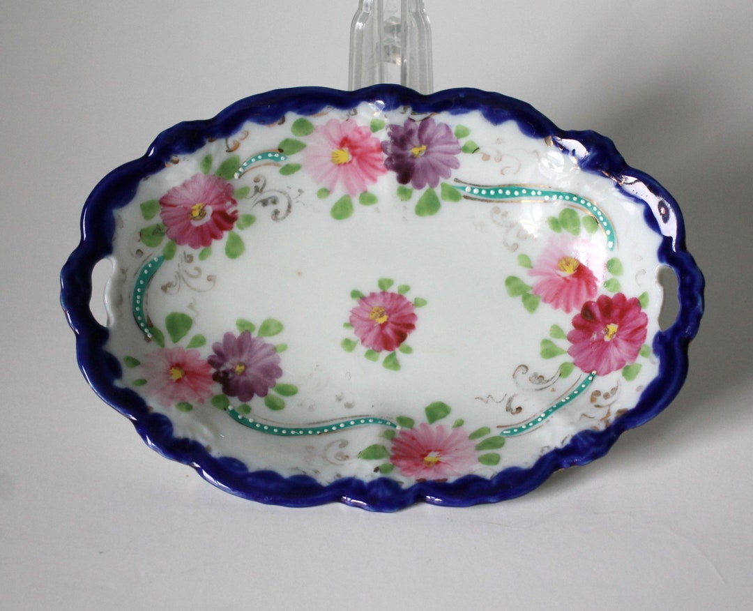 Antique Relish Trinket Dish Oval Shape Cobalt and Florals - Etsy