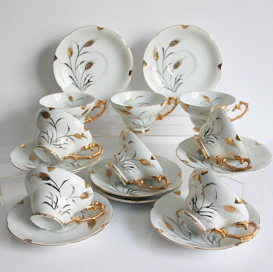 Tea Cups and Saucers Eight Sets Gold and Silver Oakwood Vintage 1950's ...