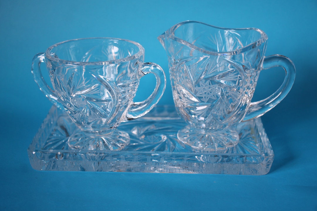 Crystal Creamer Sugar Bowl Tray Set Star Pinwheel Pattern - Etsy
