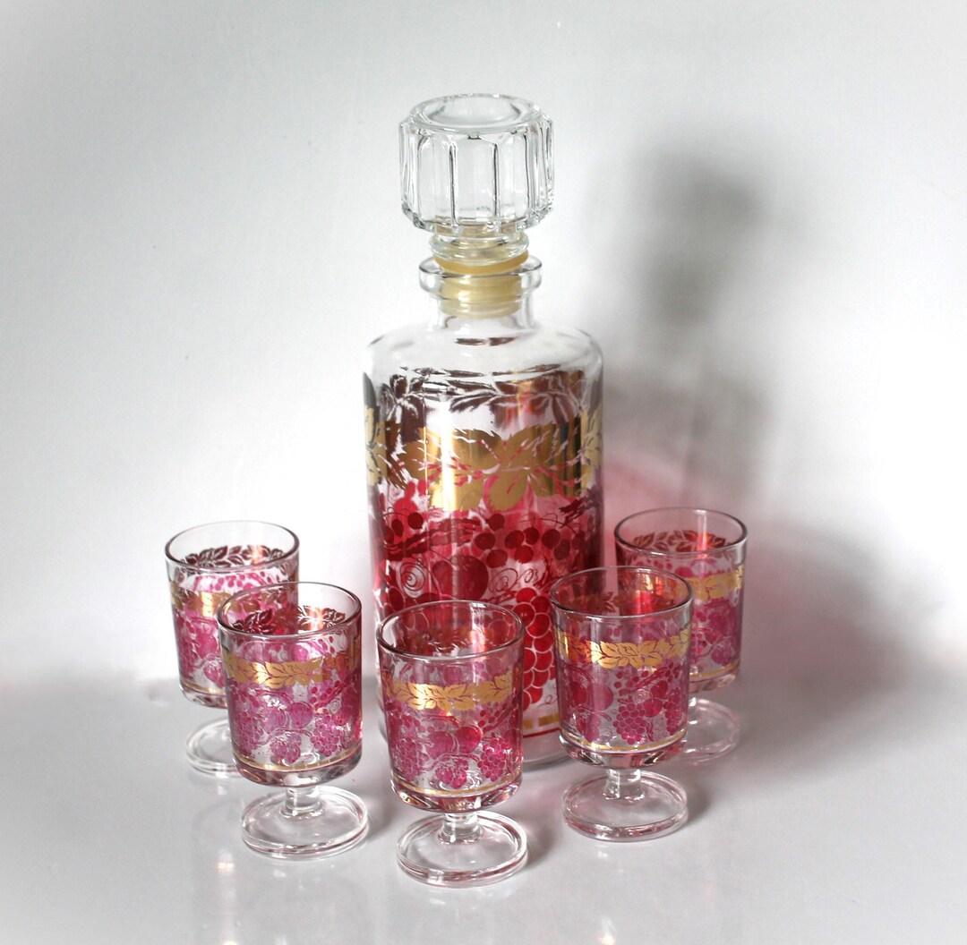 Small Decanter With Glasses Cranberry Gold Pattern - Etsy
