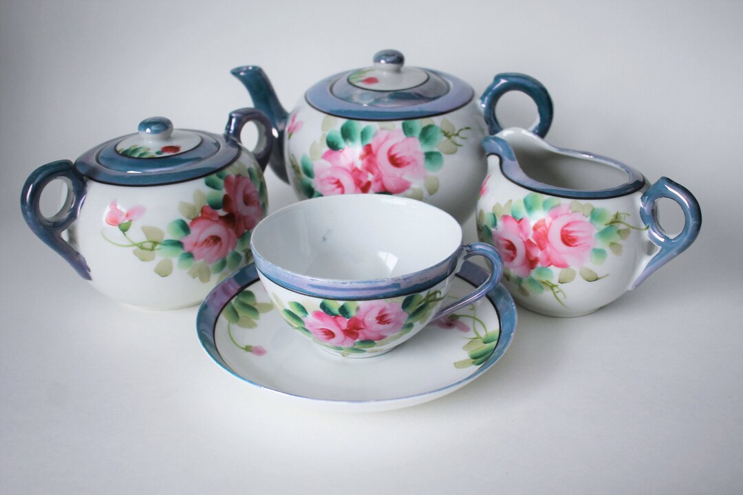 Blue Floral Tea Set Lusterware, Pink Flowers, Vintage 1940's - Etsy