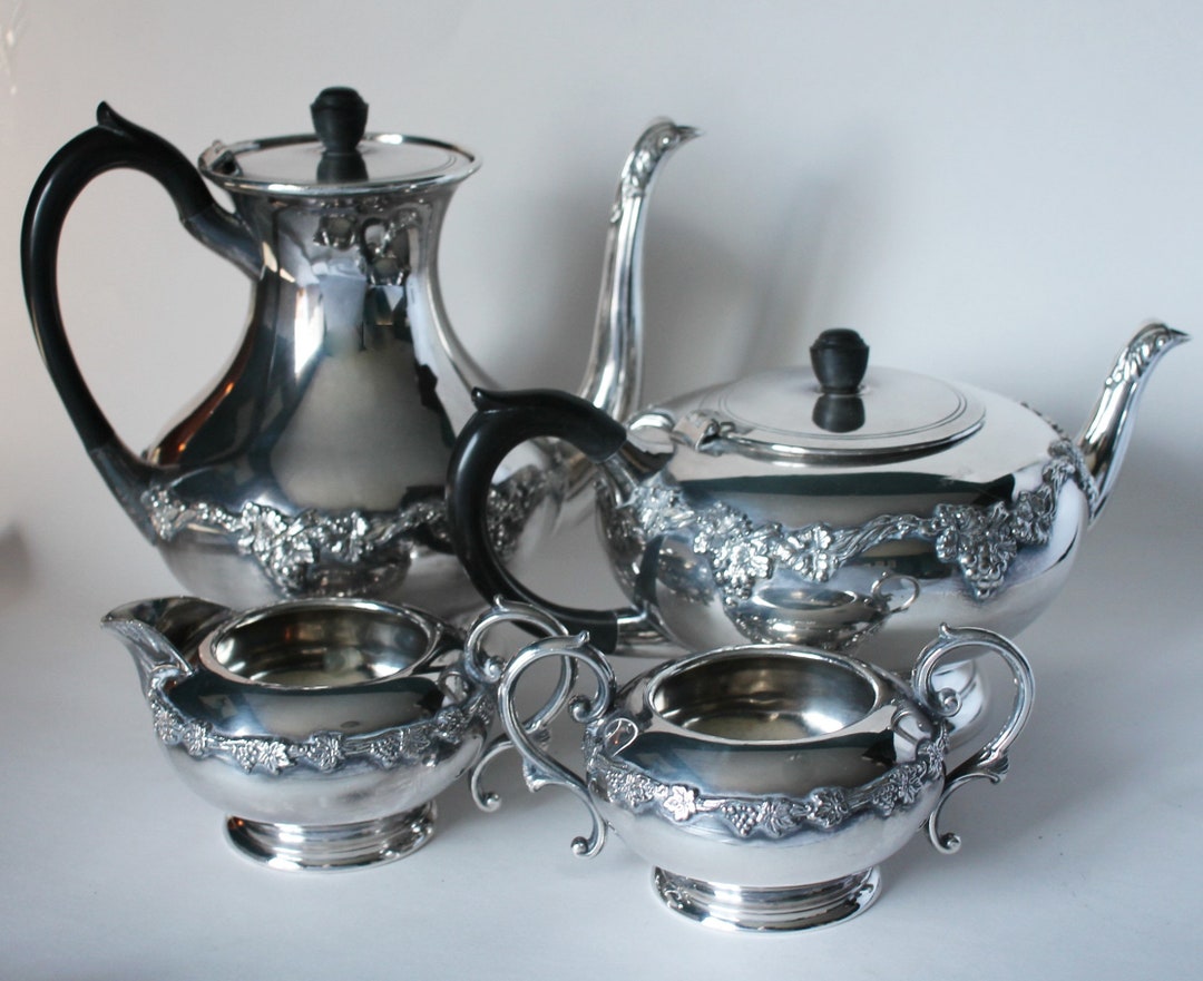 Silver Plated Tea Coffee Service Teapot Coffee Pot Creamer Sugar Bowl ...