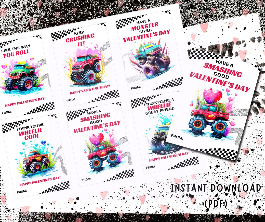 Monster Truck Printable Valentines Card | Valentines Treat Bags| Treats ...