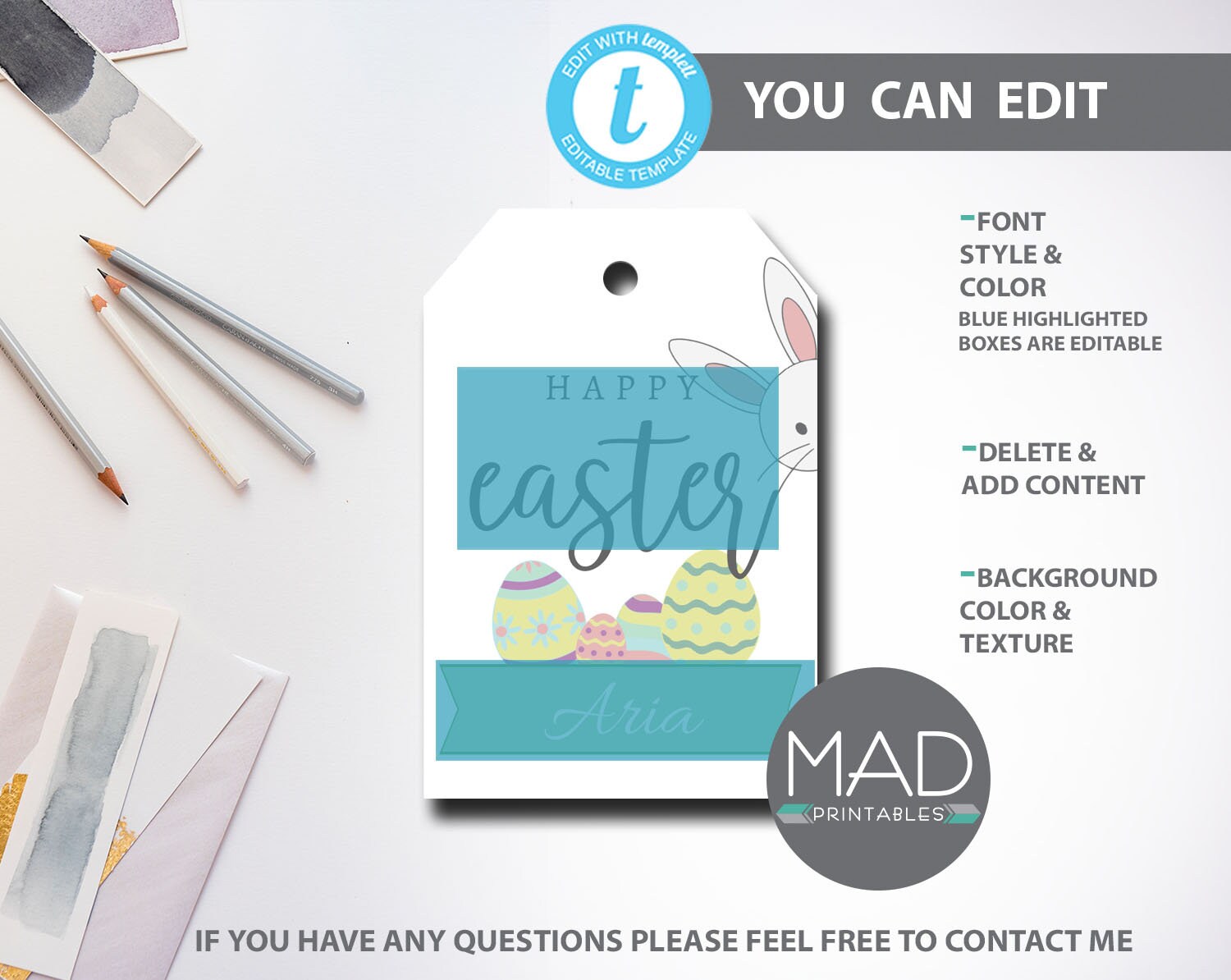 EDITABLE Easter Tag, Easter Gift Tag Printable, Easter Hang Tag, Rabbit ...