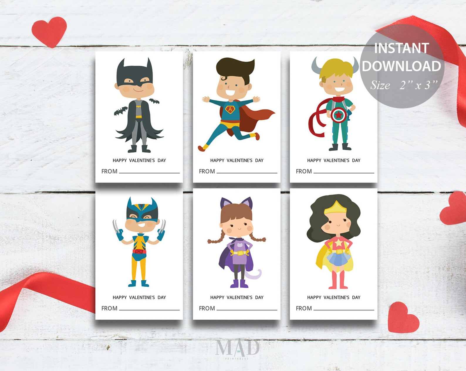 Superhero Valentine's Day Cards Instant Download, Printable Superhero ...