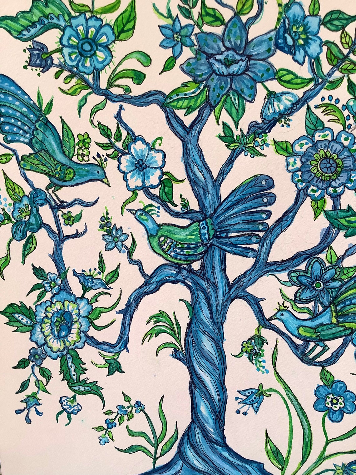 Blue and Green Chinoiserie Floral Tree Print - Etsy