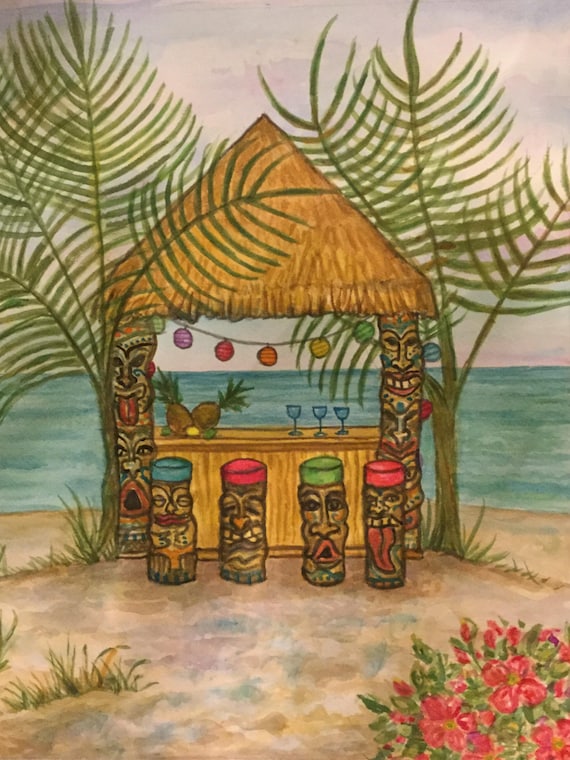 Tiki Bar Watercolor | Etsy