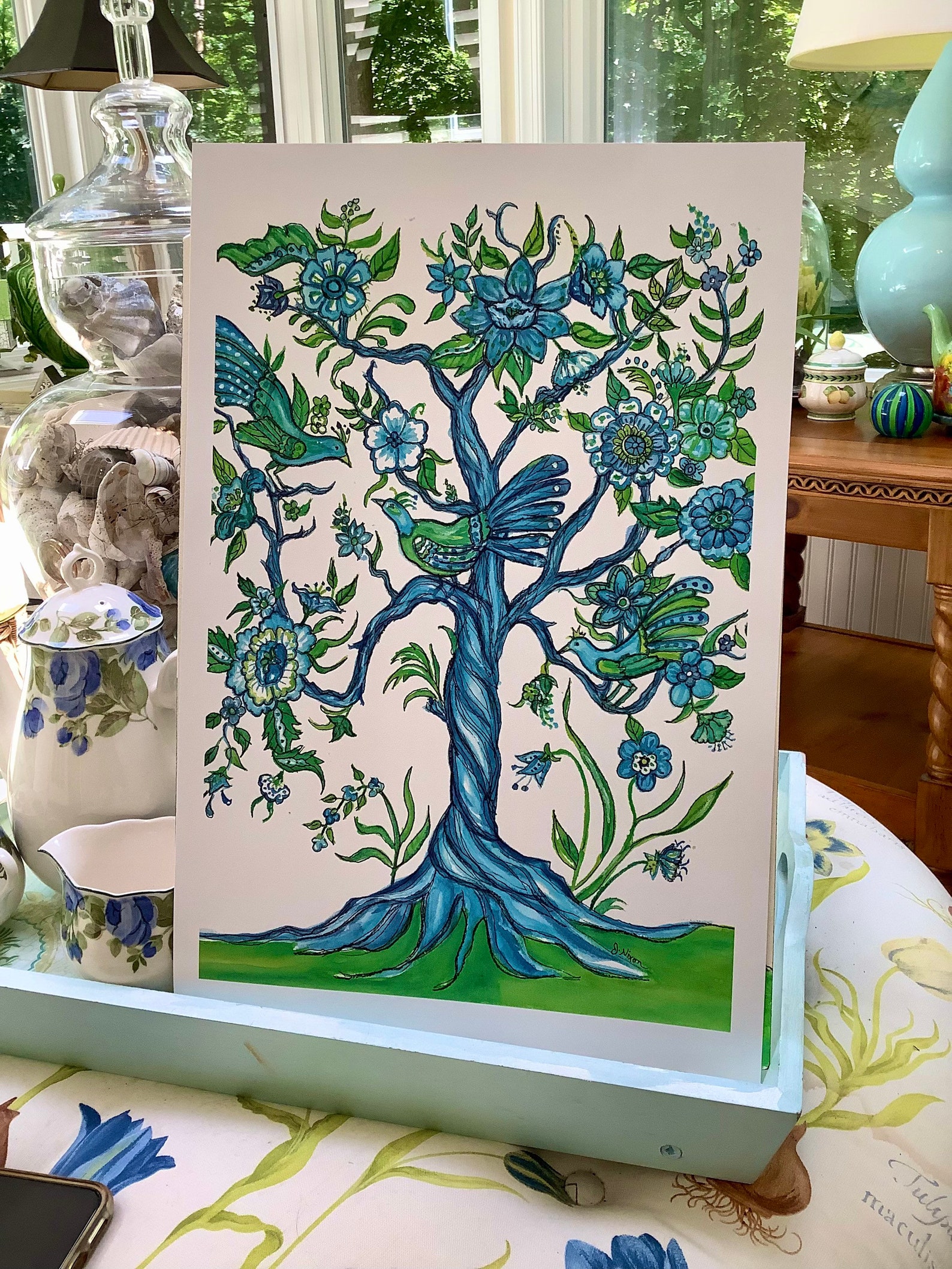Blue and Green Chinoiserie Floral Tree Print - Etsy