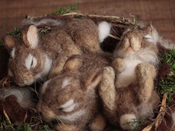 Wild Rabbit Nest Needle Felted Eastern Cottontail Rabbit Nest Made