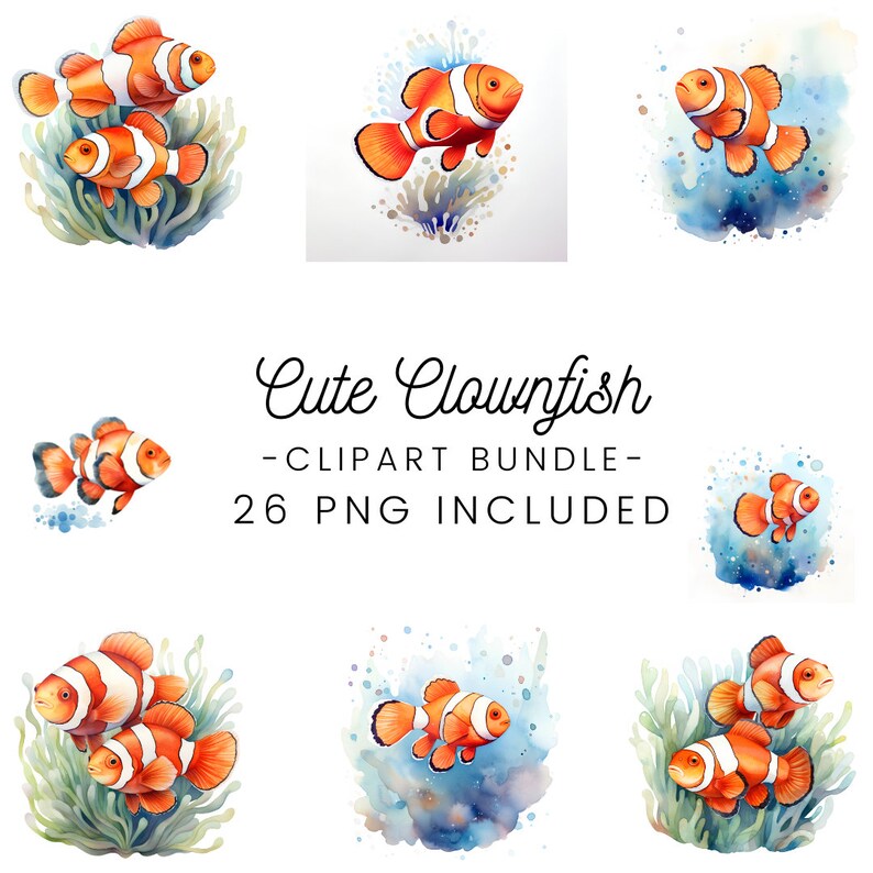 26 Watercolour Clownfish , Clipart Bundle, PNG, Cute Clownfish, High ...