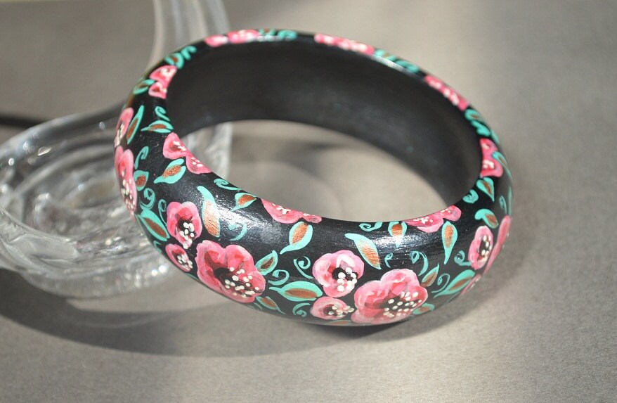 Boho Bracelet Wood ethnic jewelry Handmade Bracelet Black Pink | Etsy