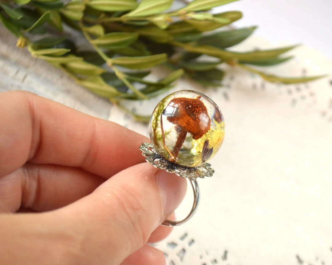 Real Mushroom Ring Resin Sphere Lichen Moss and Wildflowers Jewelry Nature Lover Gift for Women ...