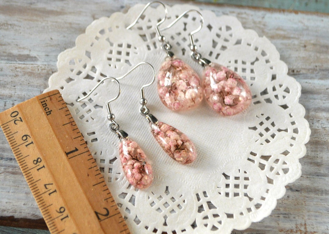 Pink Ozothamnus Earrings Drop Resin, Pressed Flower Jewelry Birthday ...
