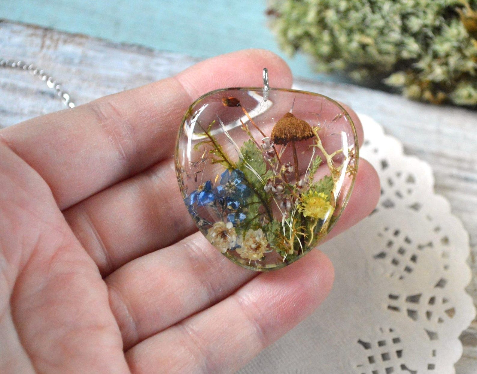 Botanical Pendant Necklace Resin Terrarium Jewelry Mushroom Pressed ...