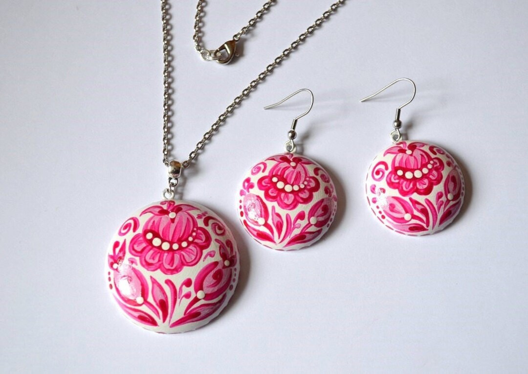 Set Pendant Earrings Wood Jewelry Set Hand Made Jewelry Pink Wedding ...